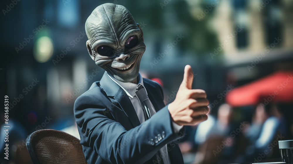 Futuristic image of a happy alien businessman holding a thumbs up ...