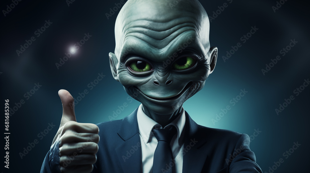 Futuristic image of a happy alien businessman holding a thumbs up ...