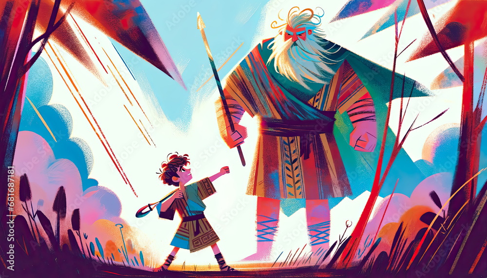 Vibrant illustration of David with a slingshot facing the giant Goliath ...