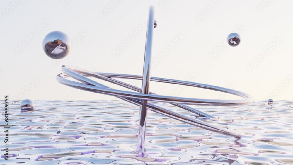 3d abstract futuristic metal chrome shape rotating hoops and spheres ...