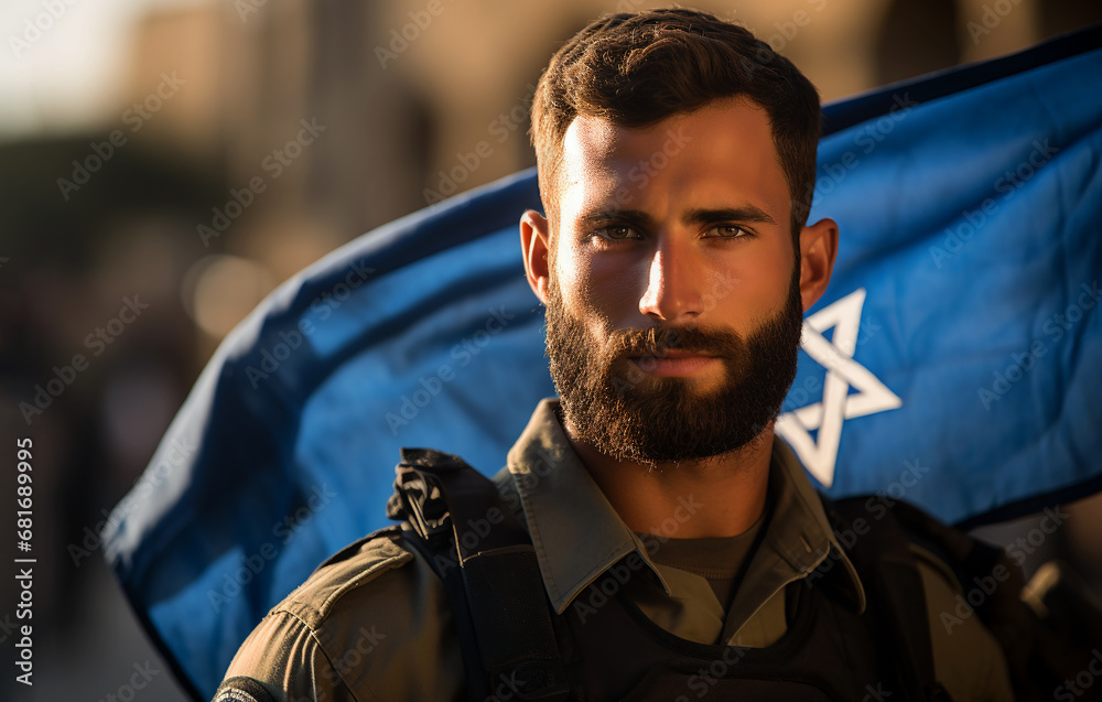 Young Israeli soldier, portrait. A beautiful, bold face looking into ...