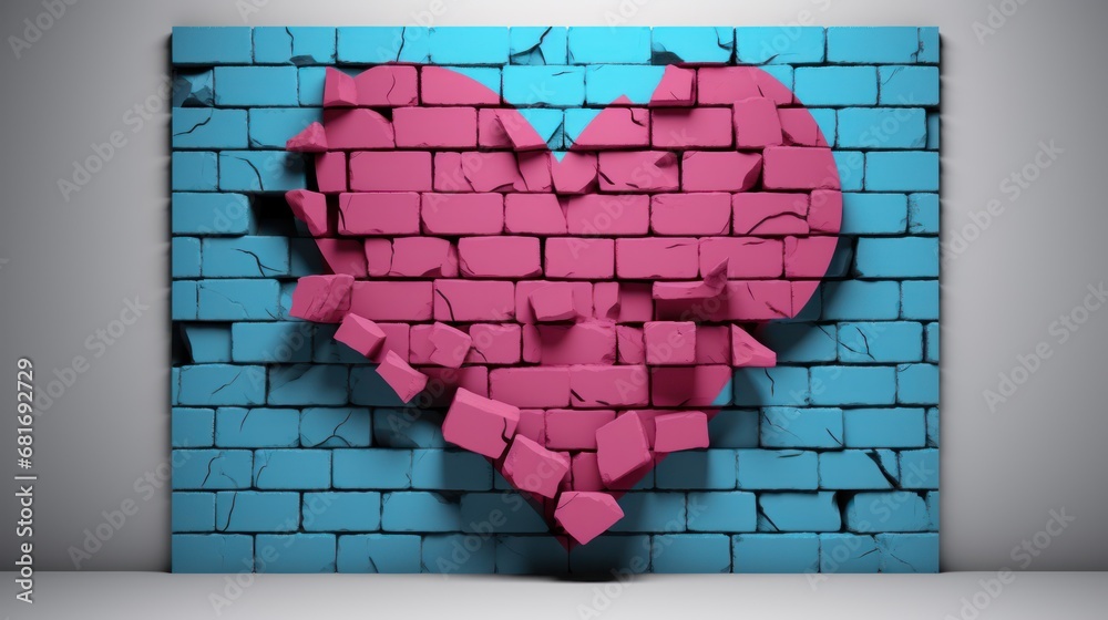 a heart made out of pink and blue bricks on a blue and gray brick wall ...