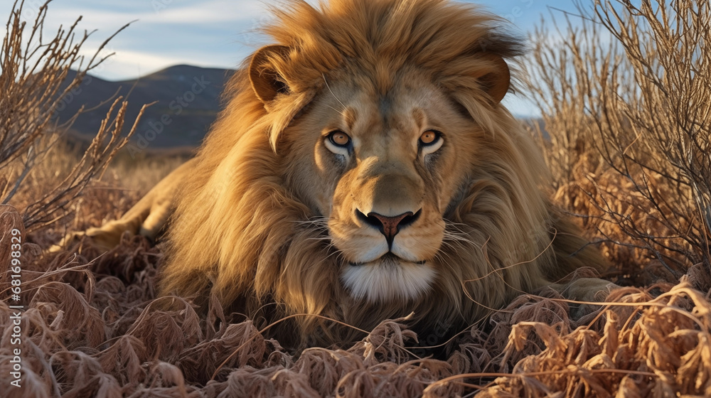 Wildlife Odyssey: A hyper-realistic depiction of a majestic lion in its ...