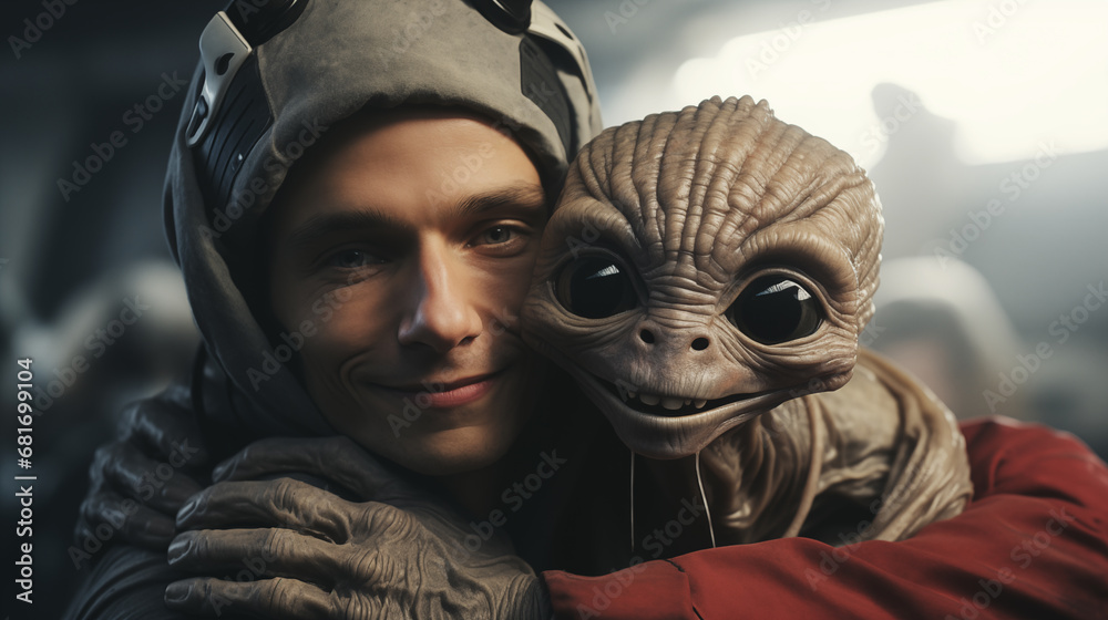 Futuristic photo of a friendly alien hugs astronaut inside the space ...