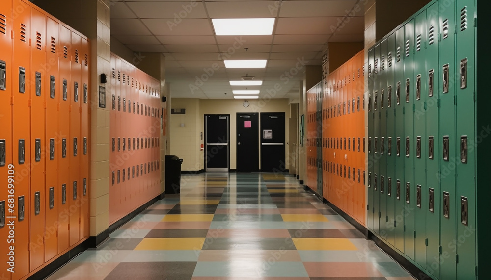 Empty locker room with metal lockers in a modern building generated by ...