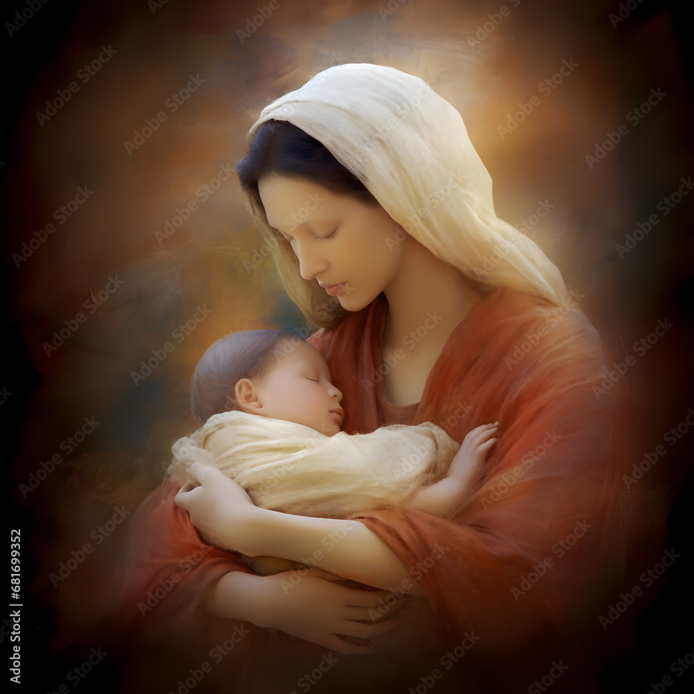 Mary hugging baby Jesus, Son of God, Christmas nativity scene foto de ...
