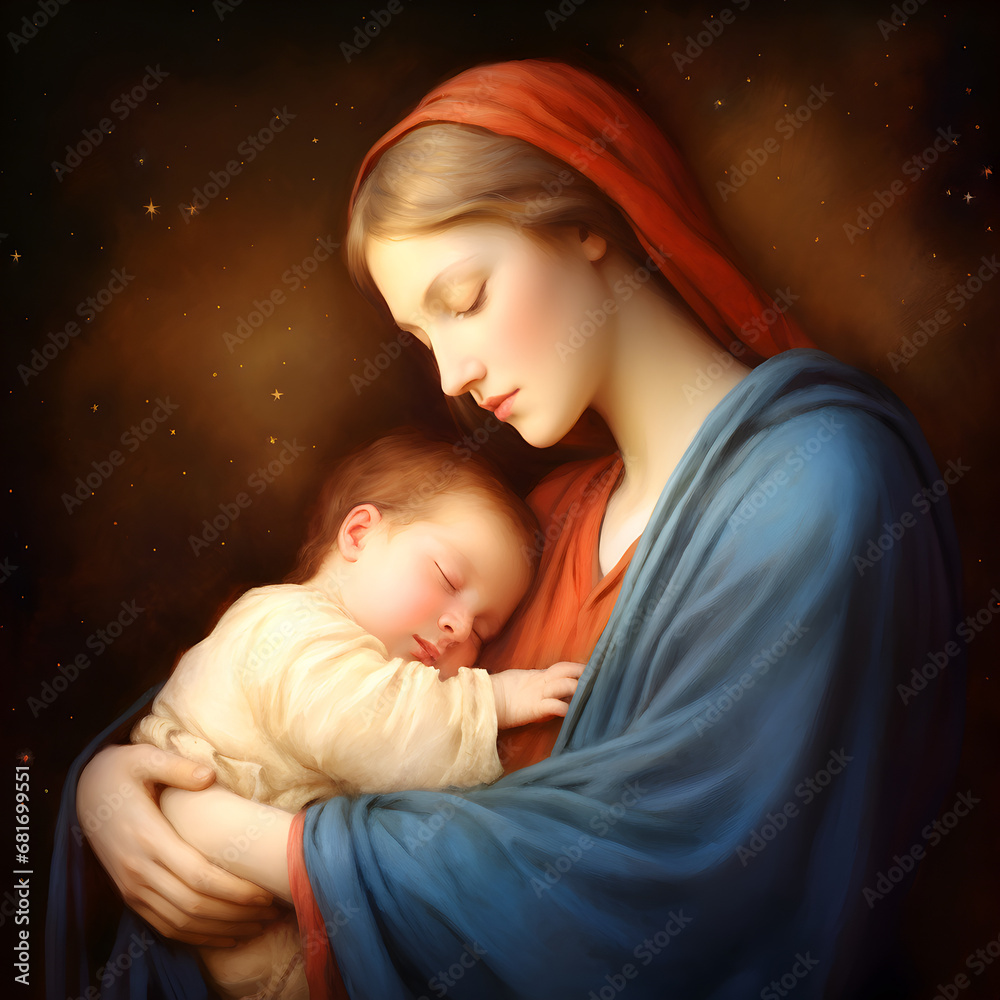 Mary hugging baby Jesus, Son of God, Christmas nativity scene Stock ...