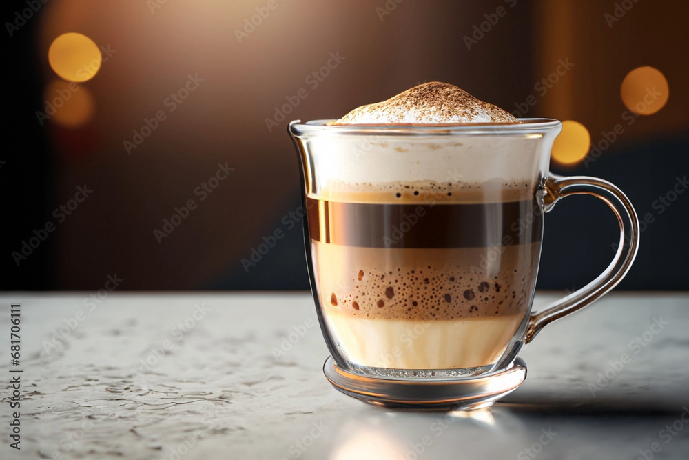 Uma caneca de vidro transparente com café macchiato sobre o balcão de ...