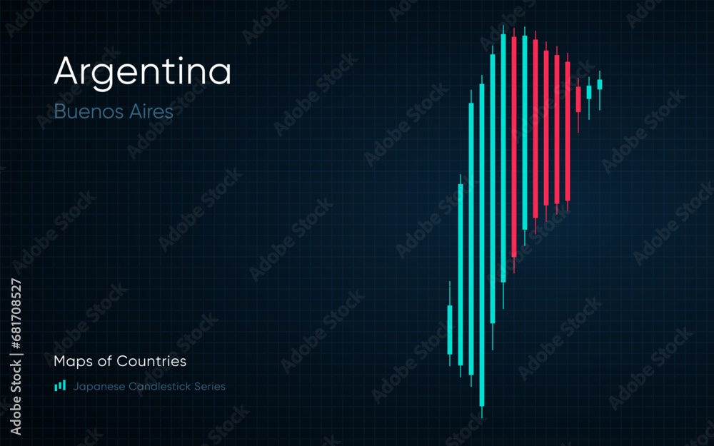 Argentina map is shown in a chart with bars and lines. Japanese candlestick chart Series Stock ...