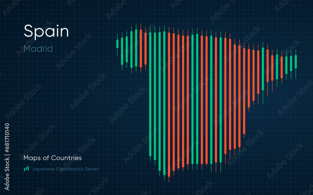 Spain map is shown in a chart with bars and lines. Japanese candlestick ...