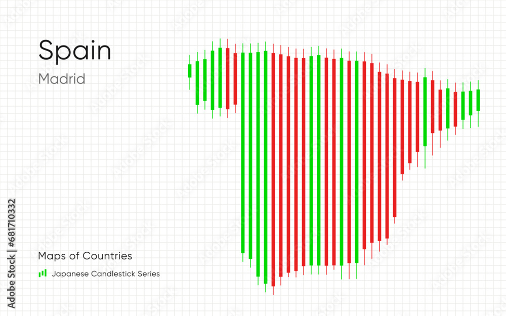 Spain map is shown in a chart with bars and lines. Japanese candlestick ...