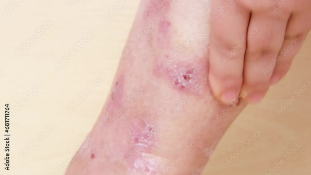 hand applies ointment to wounds, rash, hives, itchy skin on leg ...