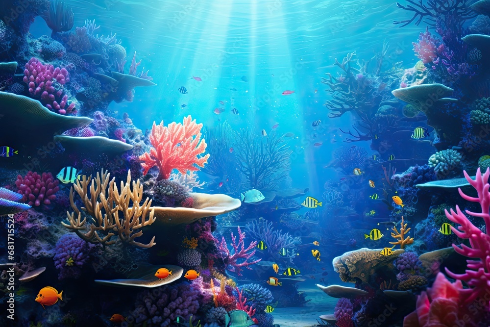 Underwater world with corals and tropical fish. 3d rendering ...