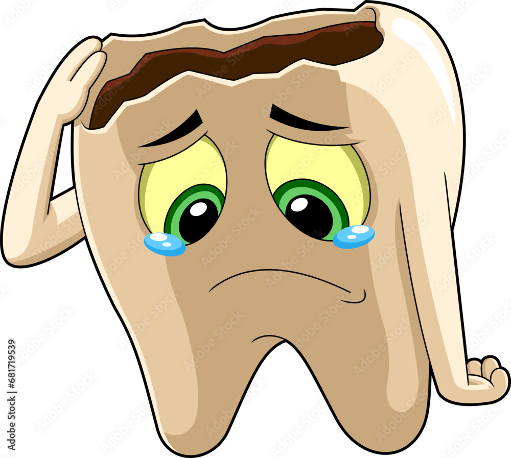 Sick Tooth Cartoon Character With Caries Crying. Vector Hand Drawn ...