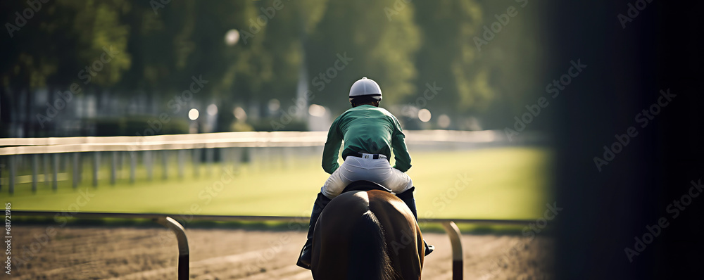 Rear view of one rider galloping on horse during race at hippodrome ...