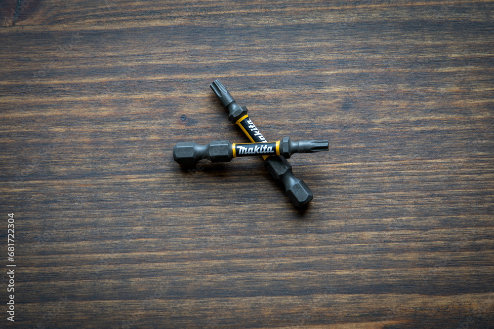 Makita Impact Premier Double Torsion Bit T20. Wood texture background ...