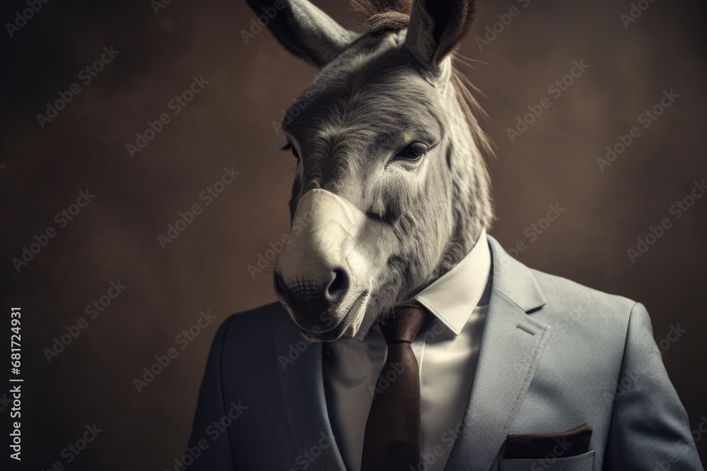 A picture of a donkey dressed in a suit and tie. This image can be used ...