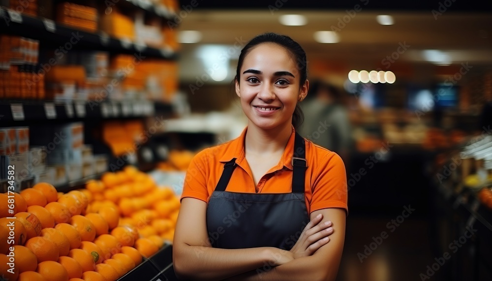 Smiling asian woman shop worker in supermarket young food store ...