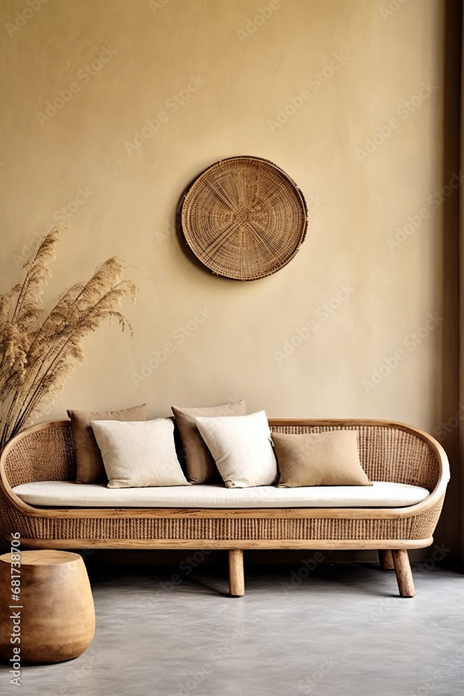 Boho farmhouse home interior design of modern living room. Rustic bench ...