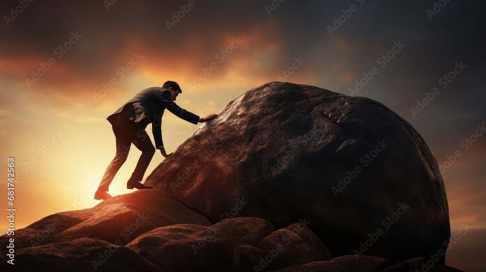 Forge the path to victory! Witness a man pushing a massive stone uphill, symbolizing ...