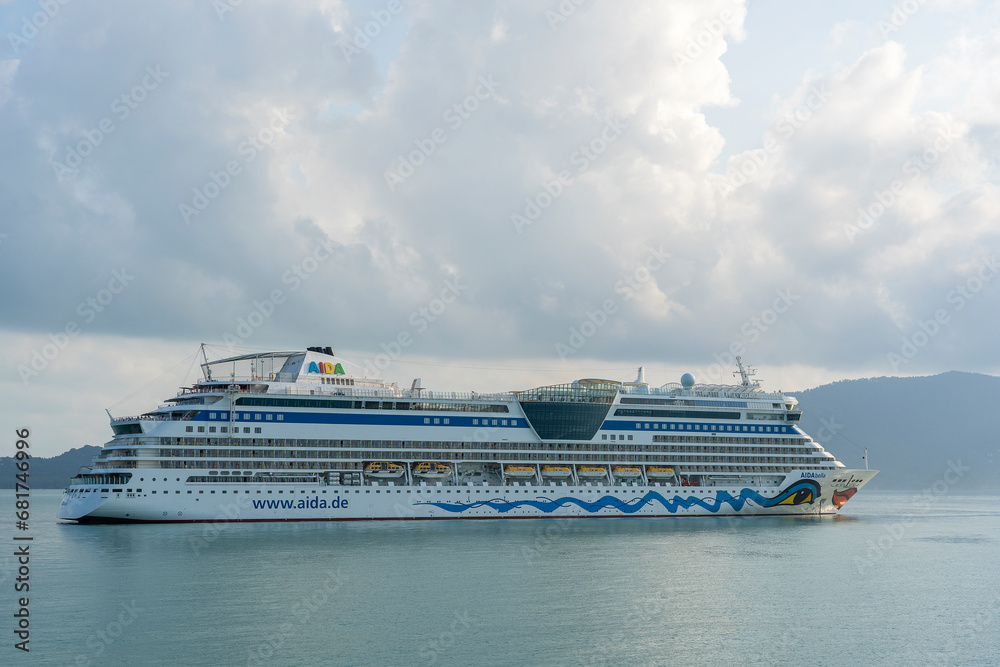 Big white luxury cruise ship AIDA Bella in the Siam Bay on the South ...