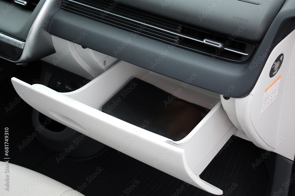 Vinnytsia, Ukraine; November 18, 2023. New Electric car Hyundai Ioniq 5 open glove box. Hyundai ...