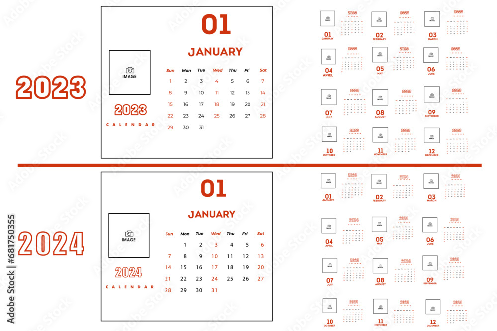 Calendar 2024 and calendar 2023 week start Sunday. Corporate design ...