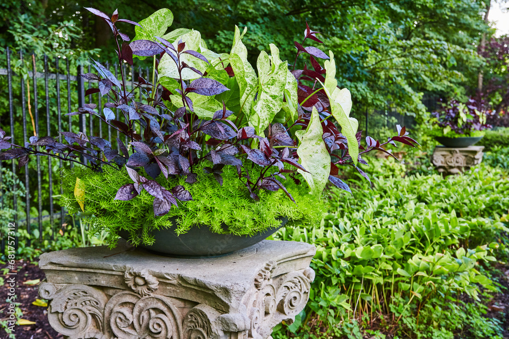 Plants in bowl, planter atop Greek pillar with mulch leading to black ...