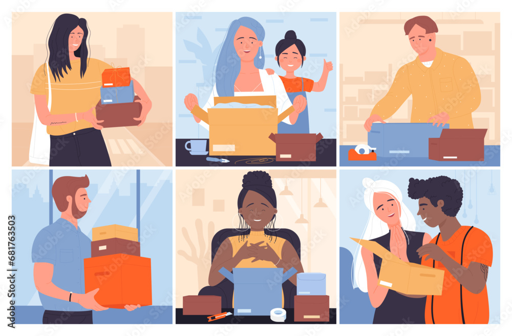 People with parcels from post office set vector illustration. Cartoon ...