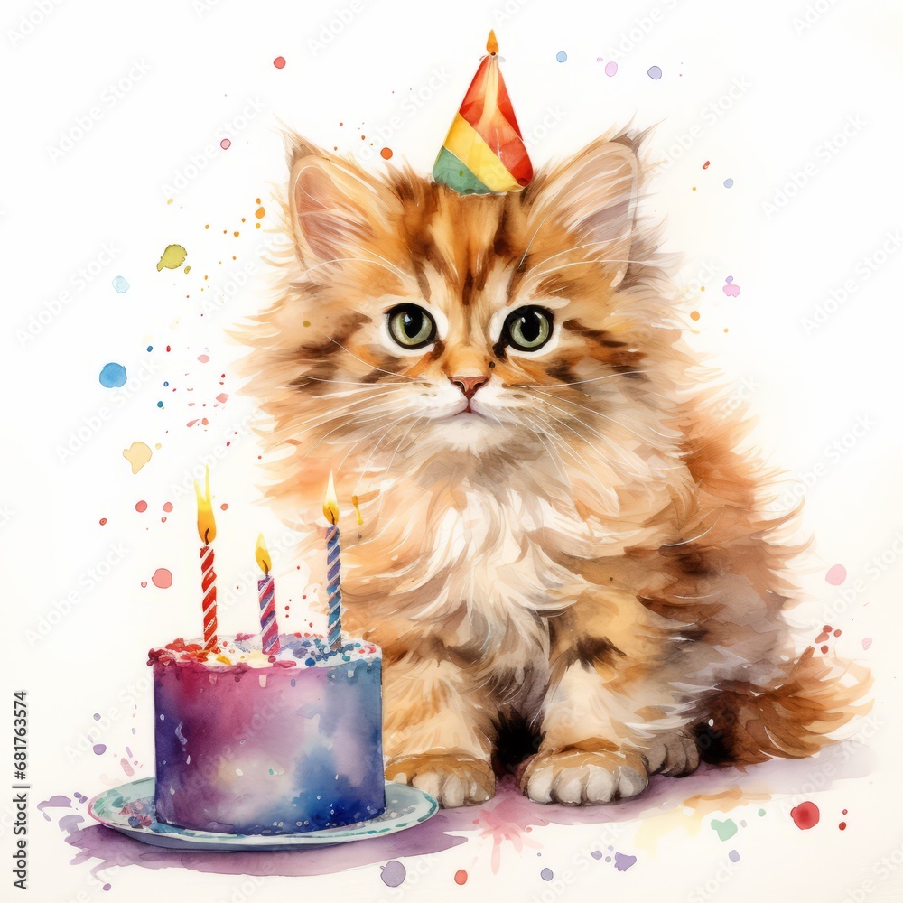 Watercolor illustration of Happy birthday cat with cake on Happy ...