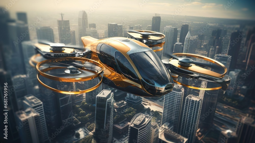 Yellow flying car drone air taxi. Electric eco self-driving passenger ...