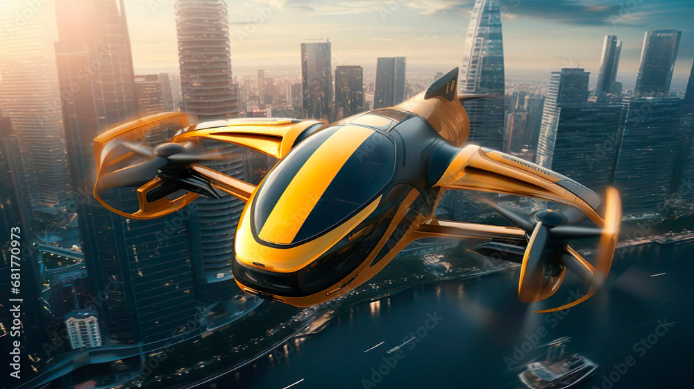 Yellow flying car drone air taxi. Electric eco self-driving passenger ...