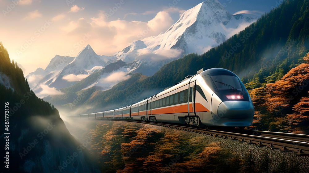 Long distance fast modern express passenger train on high speed railway ...