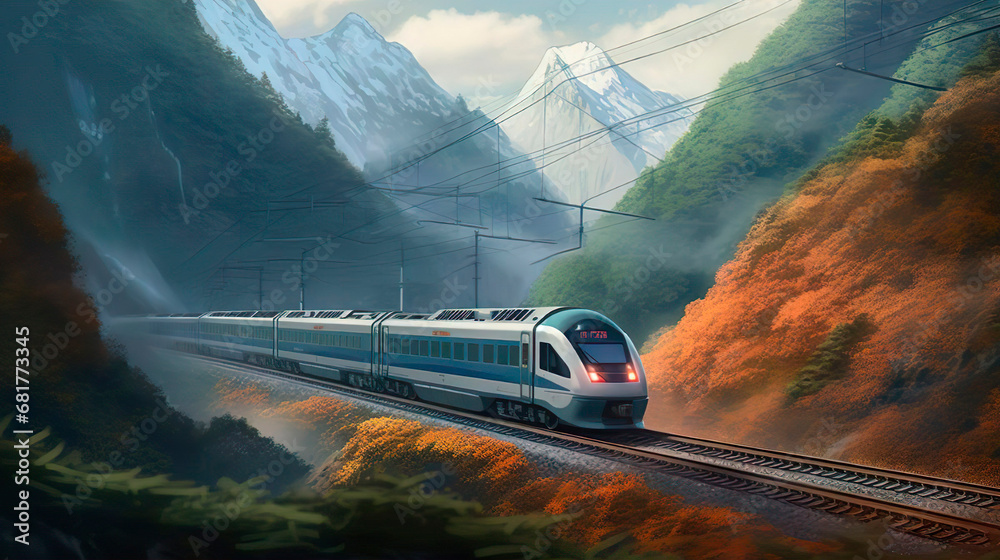 Long distance fast modern express passenger train on high speed railway ...