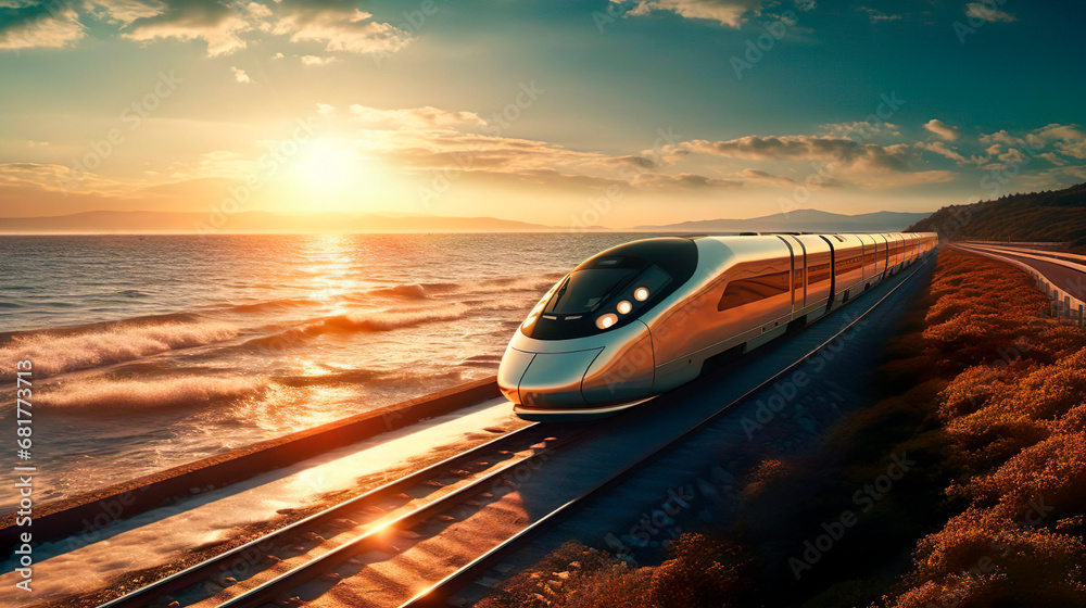 Long distance fast modern express passenger train on high speed railway ...