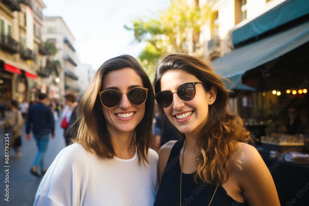 Smiling young female siblings posing together looking at the camera in ...