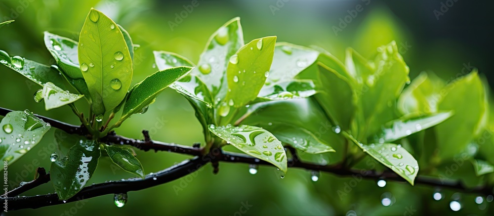 In the fresh spring rain, the dew-covered leaves glistened with vibrant ...
