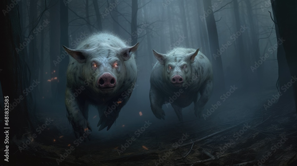 Haunting Encounter: Terrifying Ghost Pigs Roaming the Dark Forest Stock ...