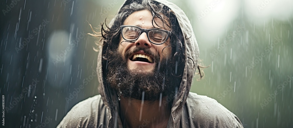 In the rain of a spring shower, a happy man with wet hair and a beard ...