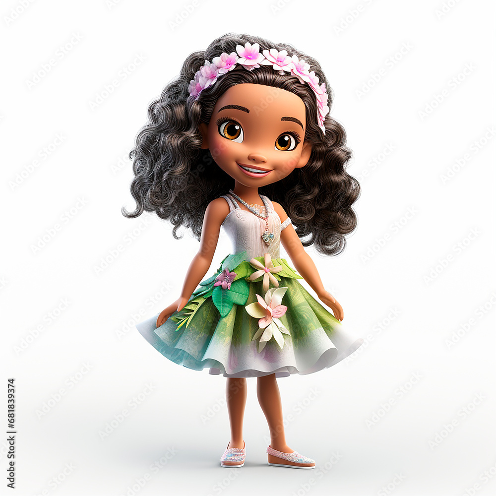 Cute tahitian doll girl wearing traditional outfit on a white ...