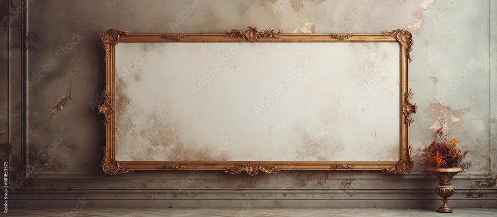 In the vintage art frame hung on the white wall of the isolated ...