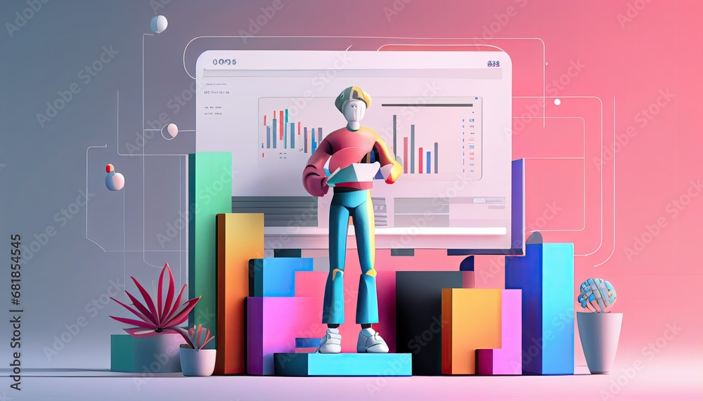 3d Cartoon character Computer open pages Data analytics dashboard ...