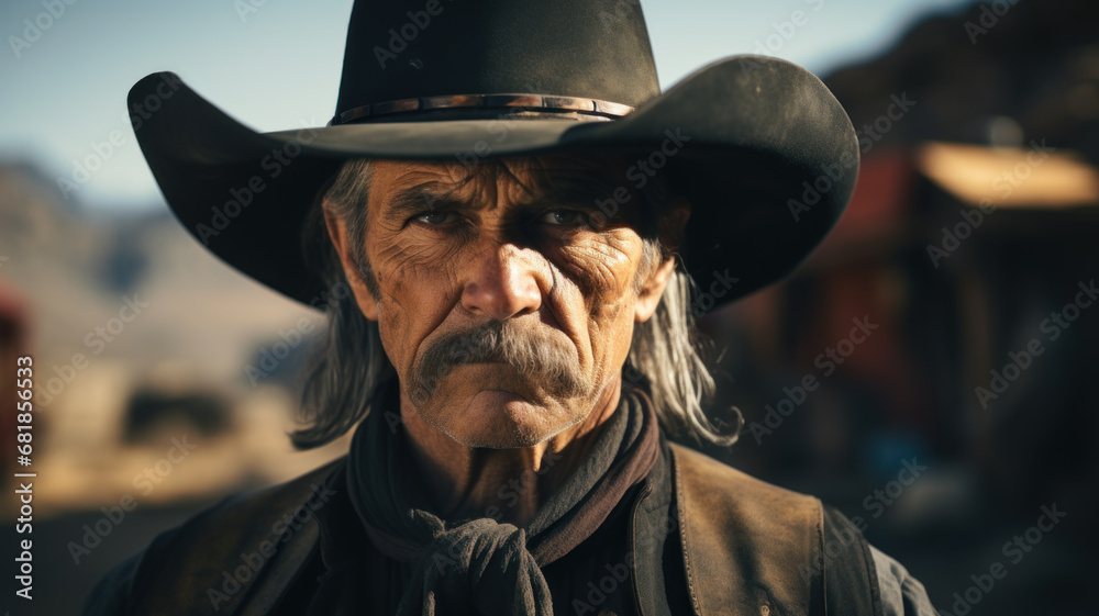 Face of cowboy or sheriff like in western movie, portrait of old man in ...