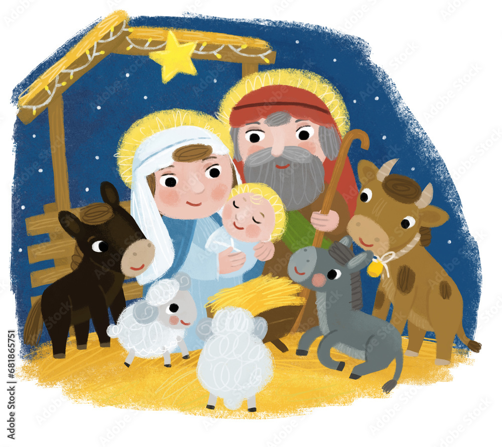 cartoon illustration of the holy family josef mary traditional scene ...