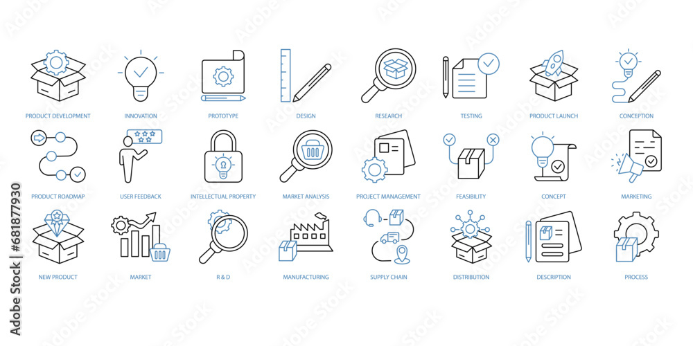 Product development icons set. Set of editable stroke icons.Vector set ...