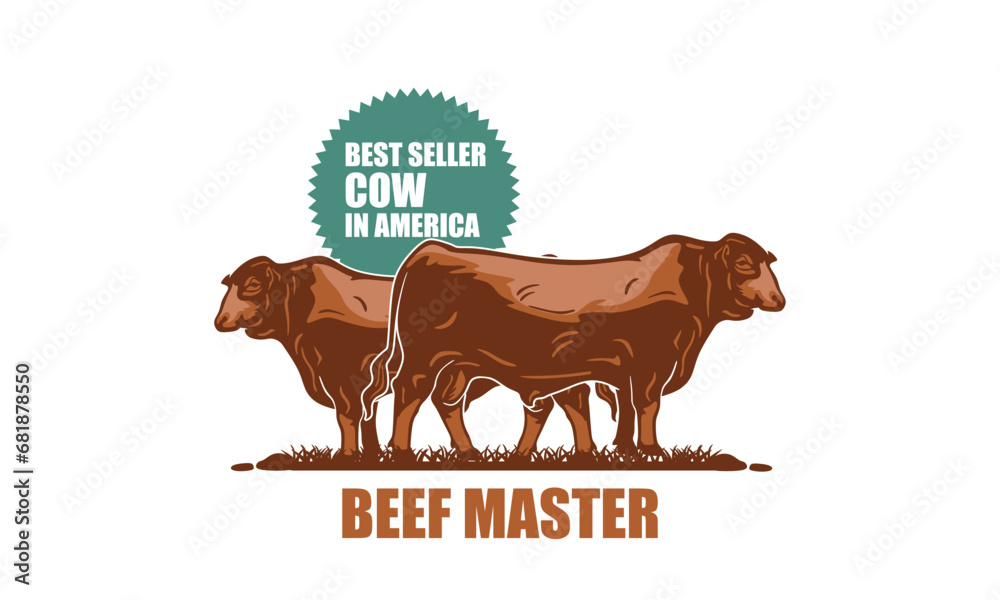 RED BEEFMASTER COW IN FARM LOGO, silhouette of great cattle standing ...