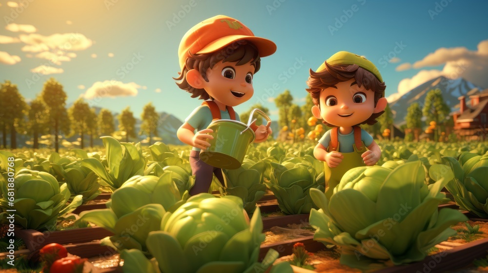 Cartoon characters are growing vegetables for farming in 3D style ...