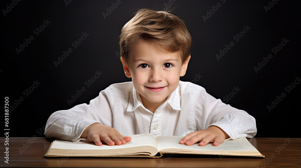 little boy sitting and studying reading at wooden table with open book ...