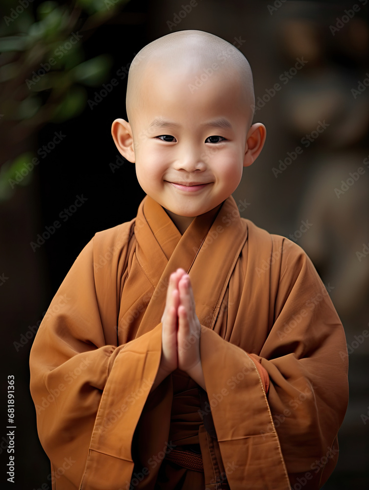 His smile was like that of a sweet and charming young monk wearing a monk's robe with big bright ...