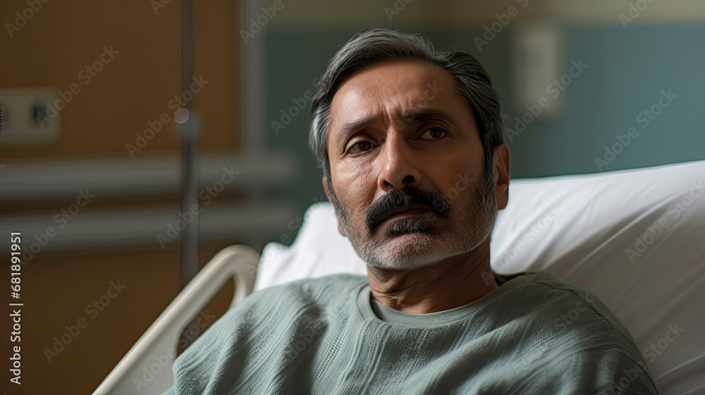 Middle aged male patient in hospital with sad face is relaxing in bed ...